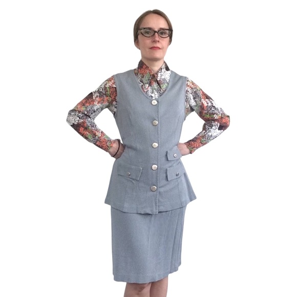 Vintage | Dresses | 7s Vest Skirt And Blouse Retro Teacher Outfit Gray ...